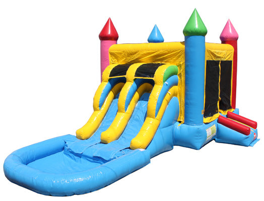 2-Lane Rainbow Castle Combo w/ Pool – Moonwalk USA
